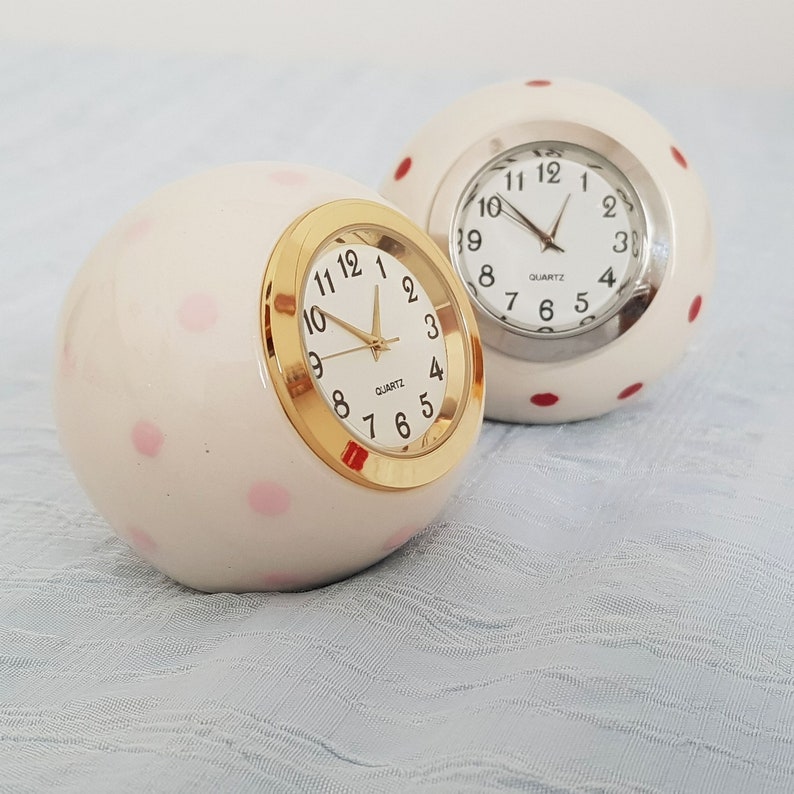 White Pink Table Clock, Polka Dot Ceramic Ball Desk Clock , in Vintage ...
