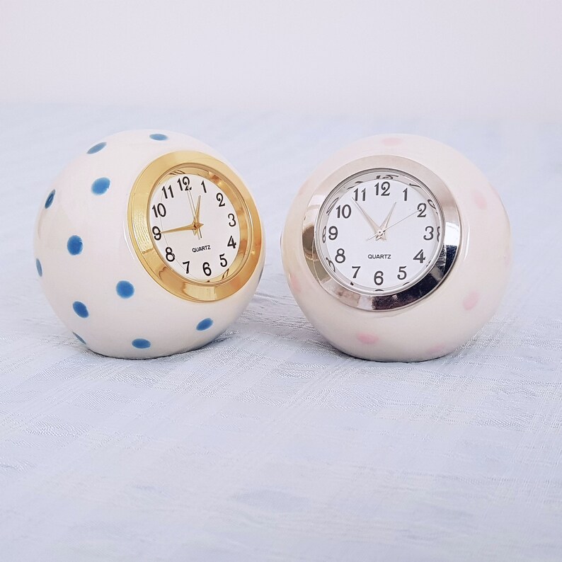 White Pink Table Clock, Polka Dot Ceramic Ball Desk Clock , in Vintage ...