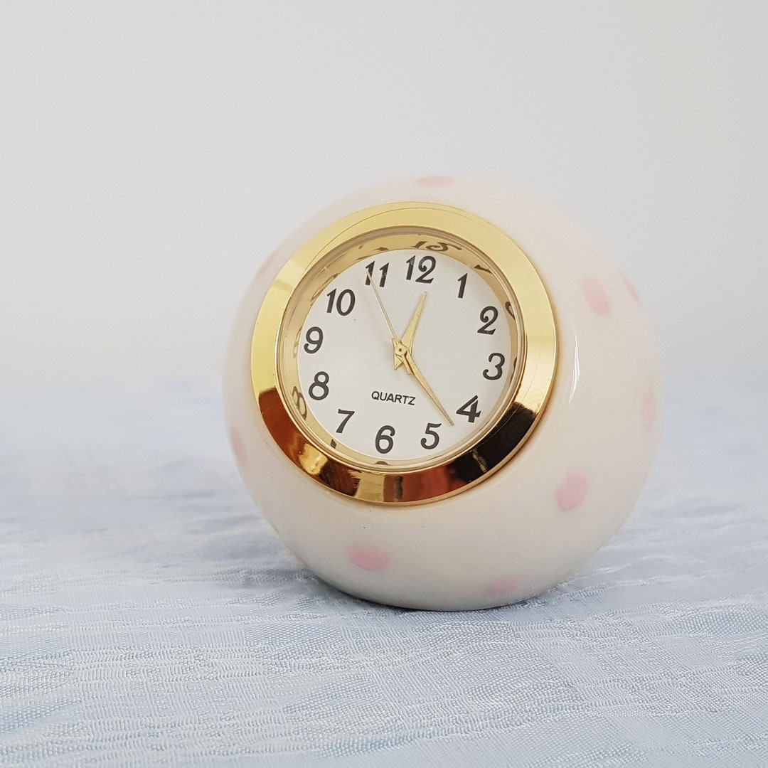 White Pink Table Clock, Polka Dot Ceramic Ball Desk Clock , in Vintage ...
