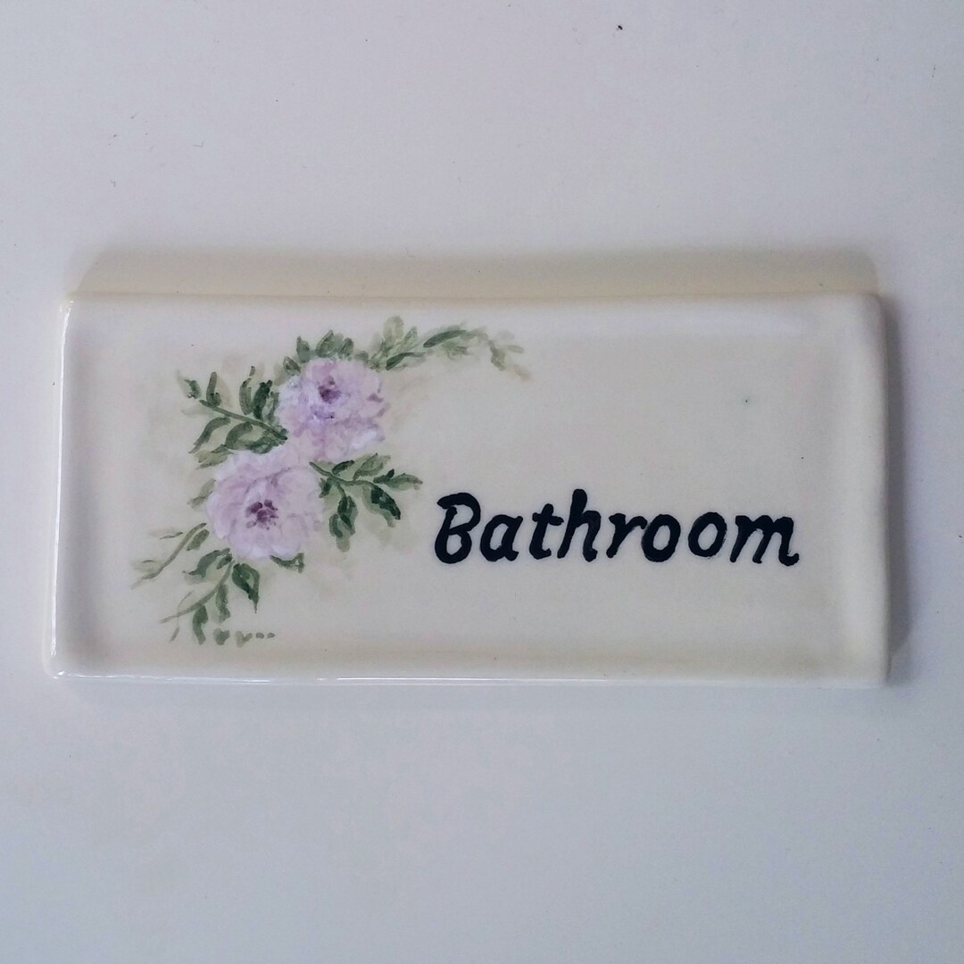 Ceramic Bathroom Sign, Floral Toilet Sign, Rectangle Restroom Sign ...