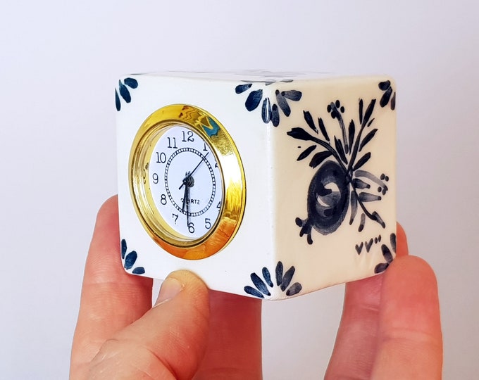 Cube Clock Small Desk Clock in White and Blue Ceramic Table - Etsy