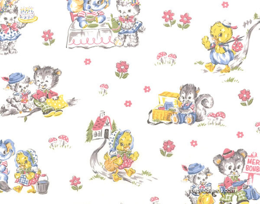Merry Bon Bon Baby Animals in Pastel - 30's Vtg Retro Kawaii Fabric ...