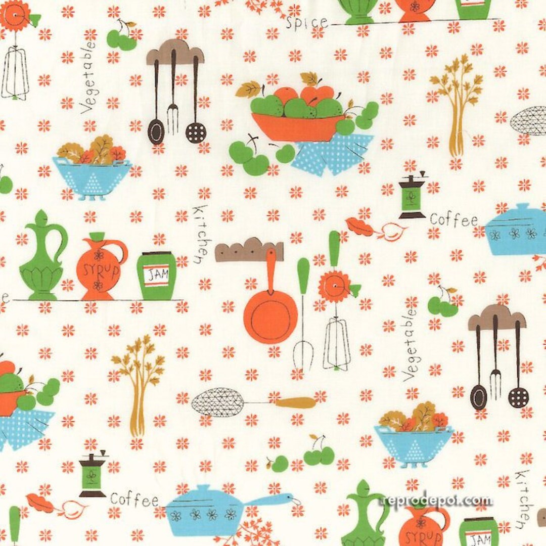 Mrs March's 30's Kitchen in Orange Kawaii Vtg Retro Food Kitchen Fabric ...