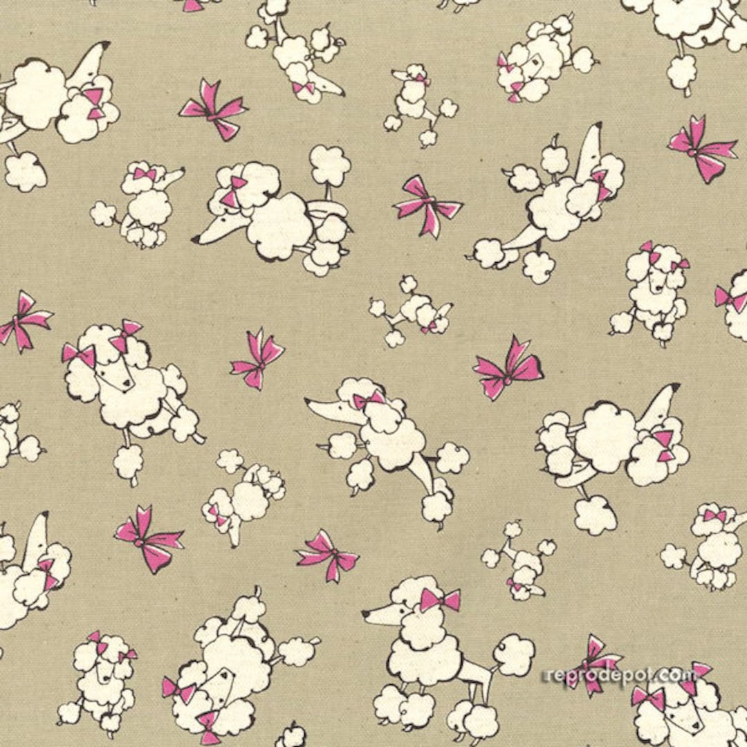 Trefle Poodles & Bows in Grey on Natural Linen and Cotton Canvas ...