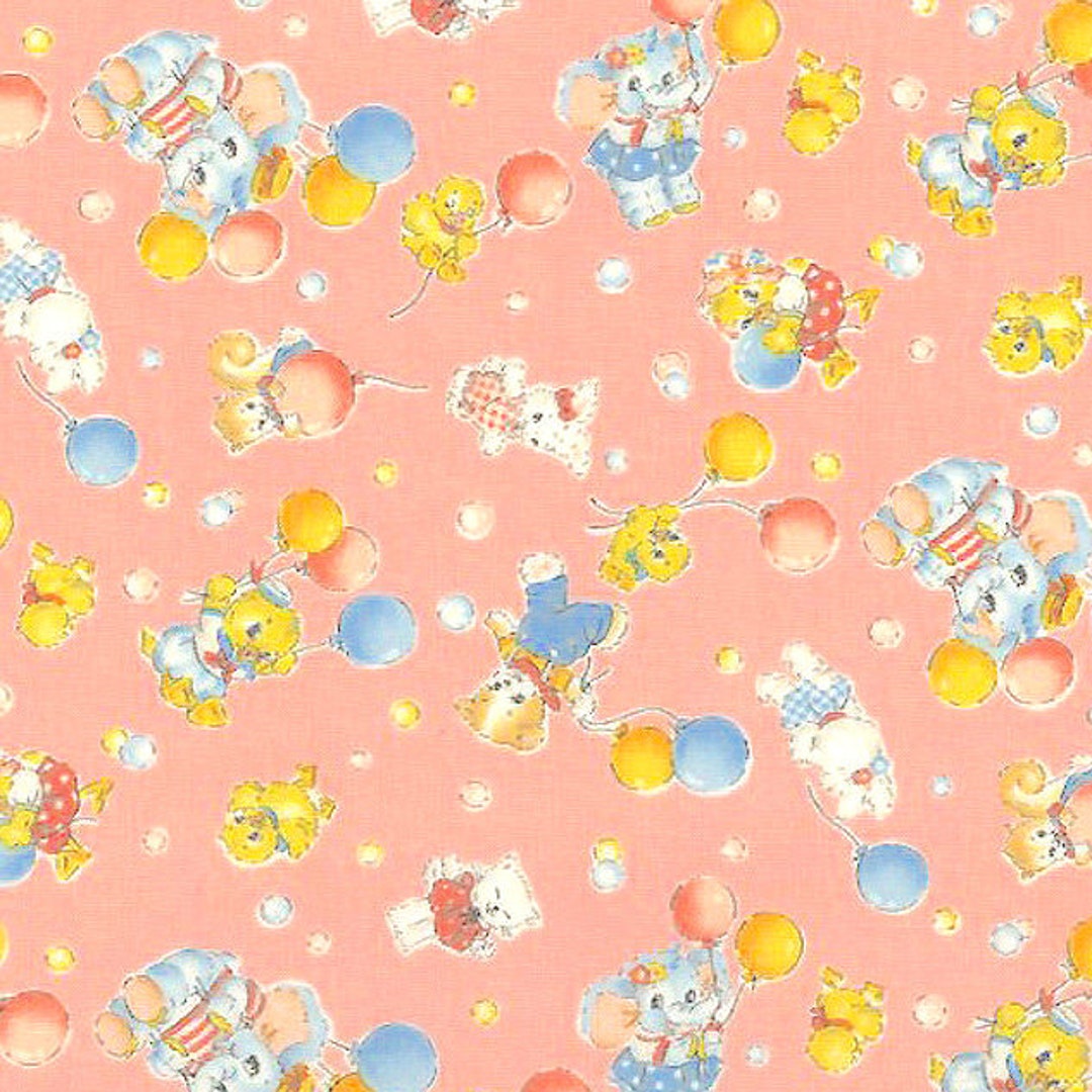 Merry Bon Bon Balloons in Pink - 30s Vtg Retro Kawaii Fabric - Elephant ...