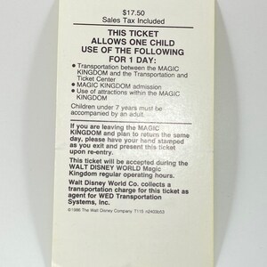 Walt Disney World Magic Kingdom 1 Day Child Ticket From 1987 Admit One ...