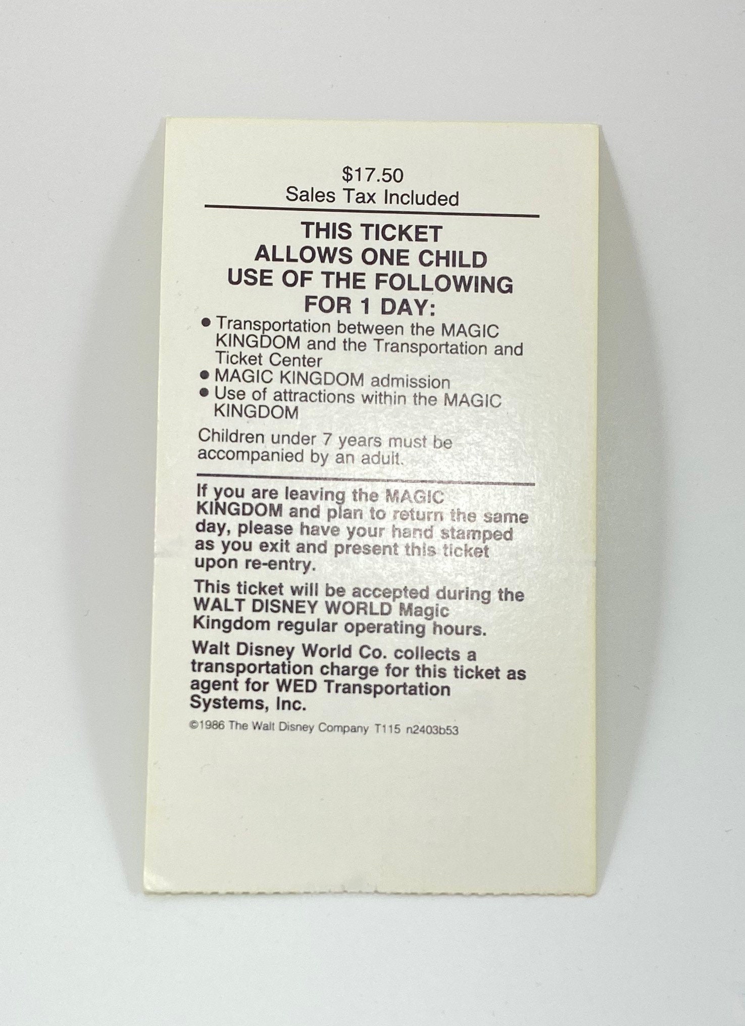Walt Disney World Magic Kingdom 1 Day Child Ticket From 1987 - Admit ...