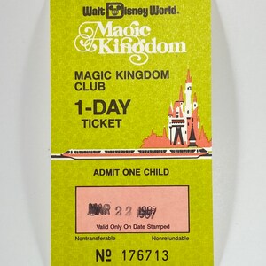 Walt Disney World Magic Kingdom 1 Day Child Ticket From 1987 Admit One ...