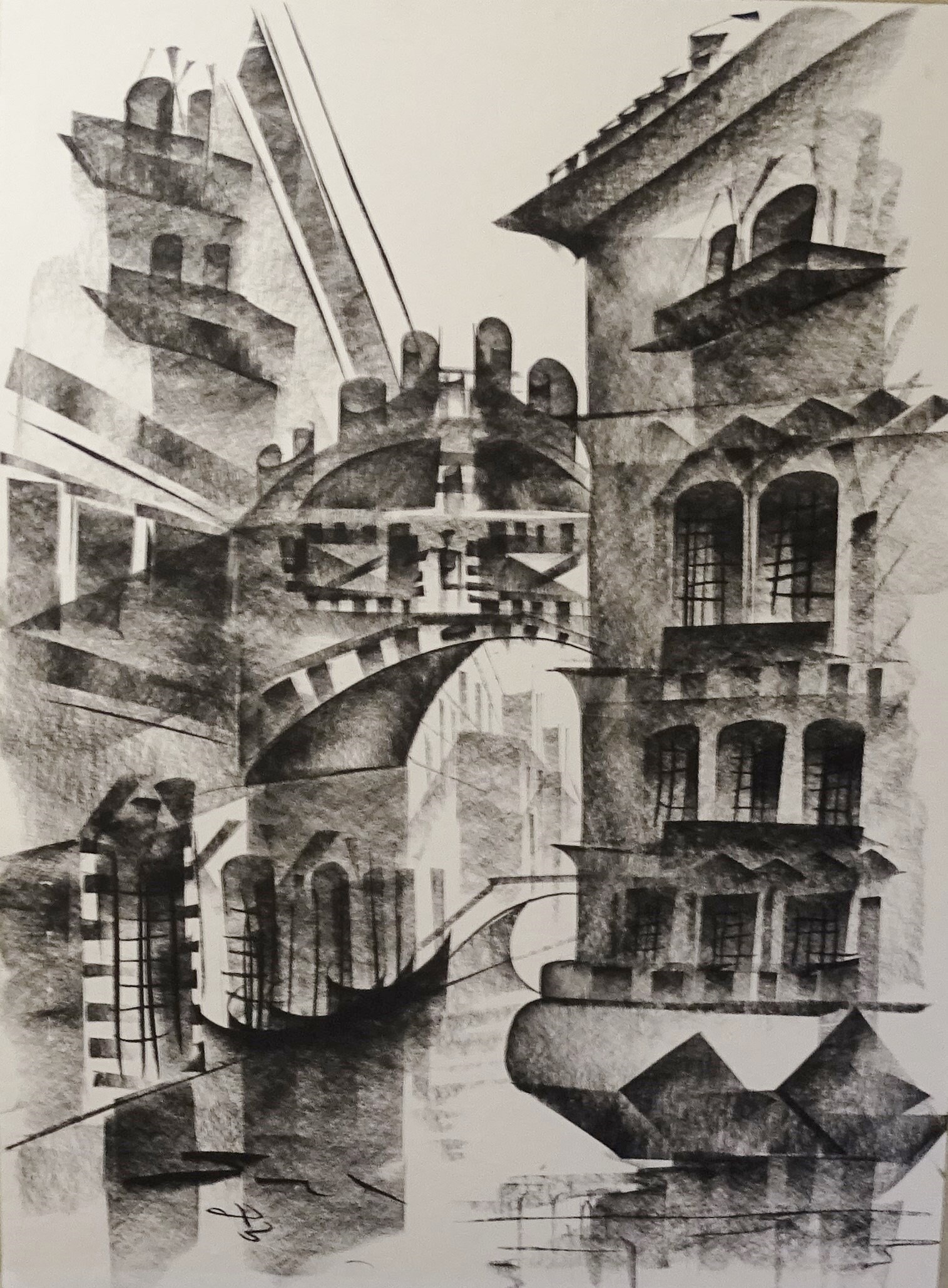 Escher Style 1973 Venice Italy Cubist Vintage Charcoal Drawing Original ...