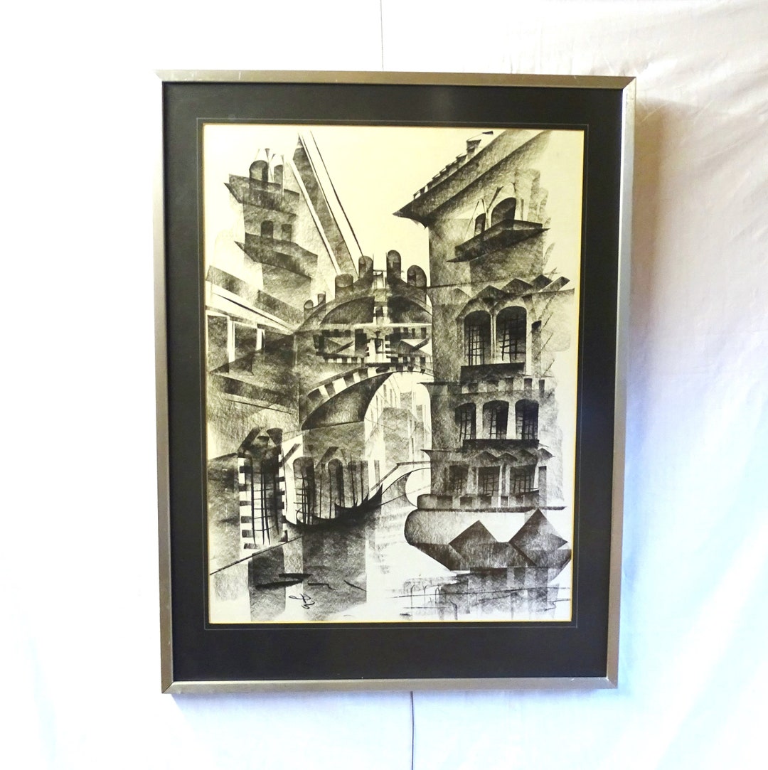 Escher Style 1973 Venice Italy Cubist Vintage Charcoal Drawing Original ...