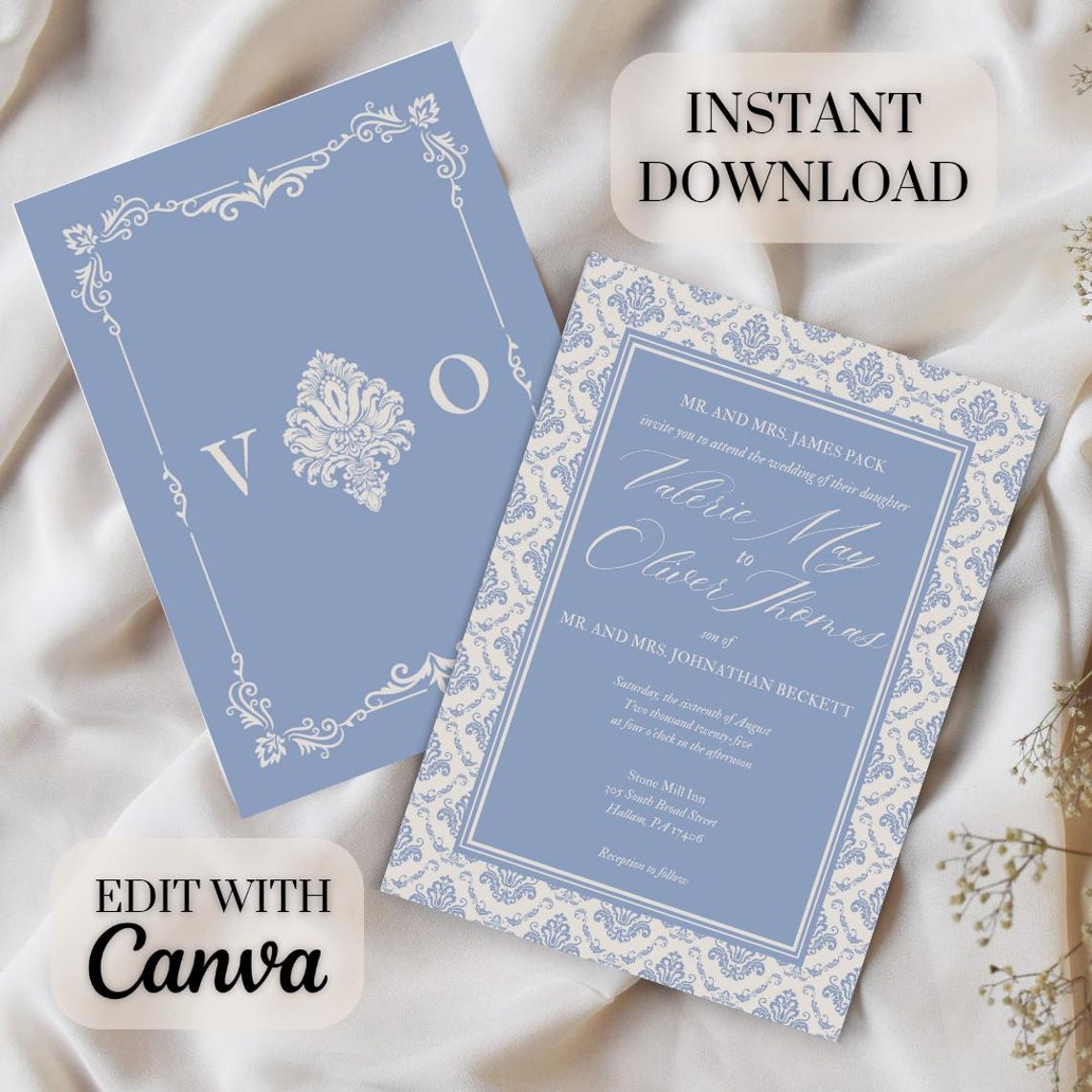 CANVA Victorian Damask Wedding Invitation Template - Etsy
