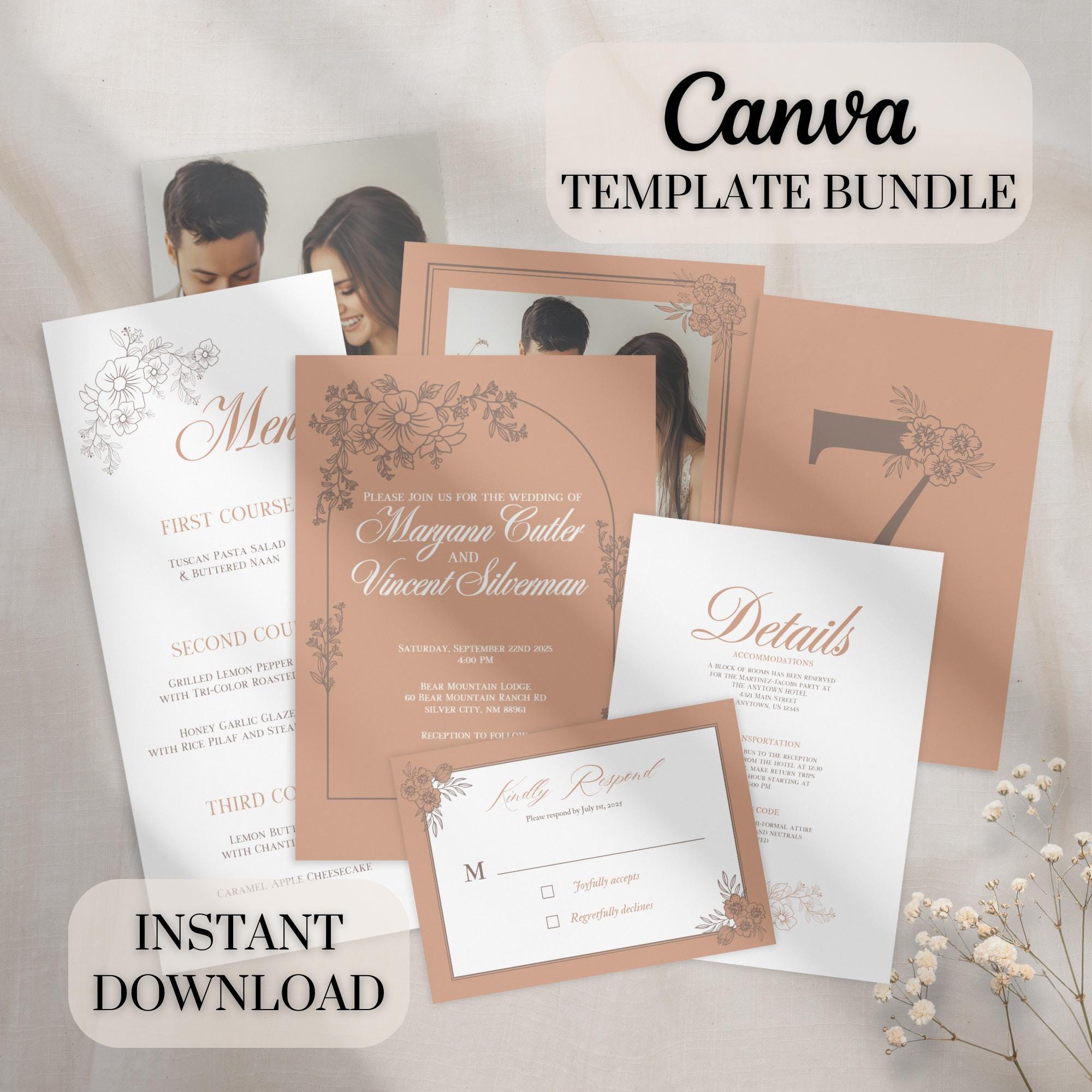 CANVA Rustic Floral Wedding Invitation and Stationery Template Bundle ...