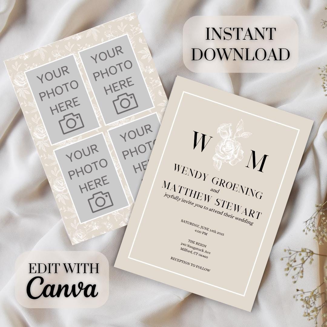 CANVA Neutral Floral Wedding Invitation Template - Etsy