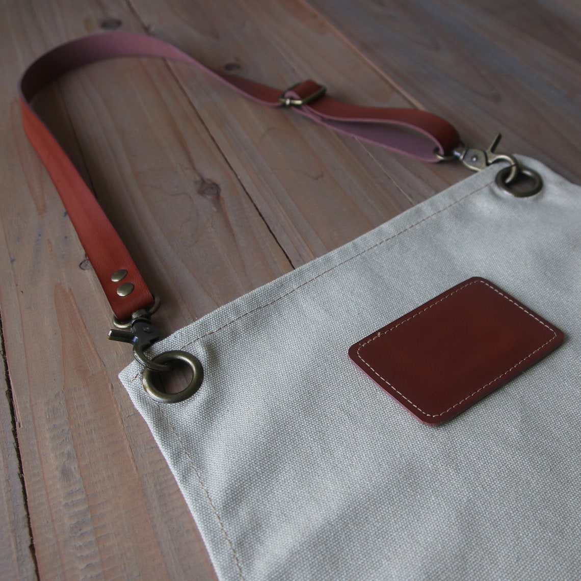 Beige canvas apron with adjustable leather straps for | Etsy