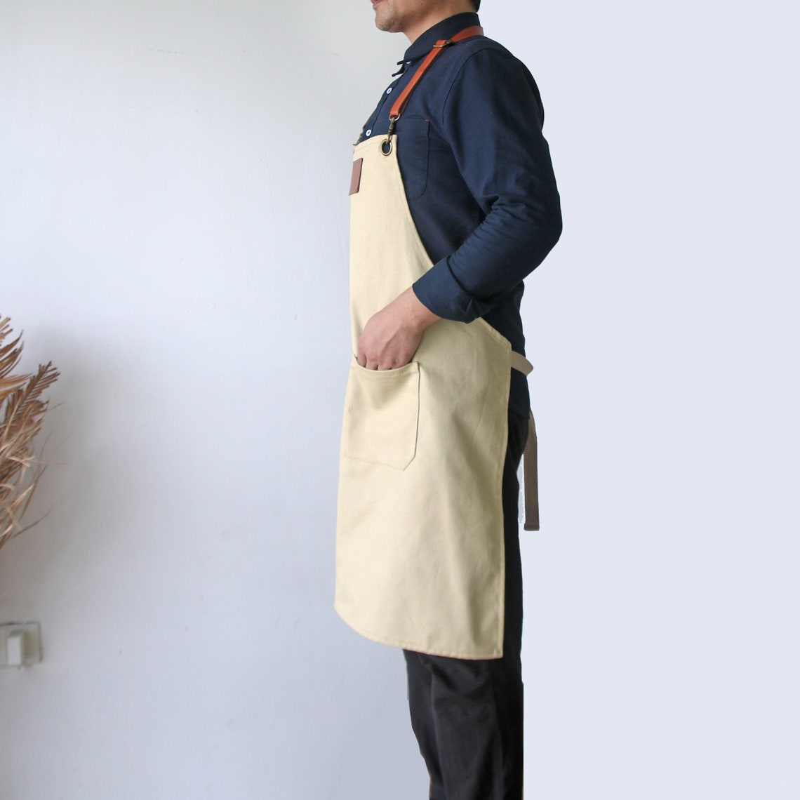 Beige canvas apron with adjustable leather straps for | Etsy