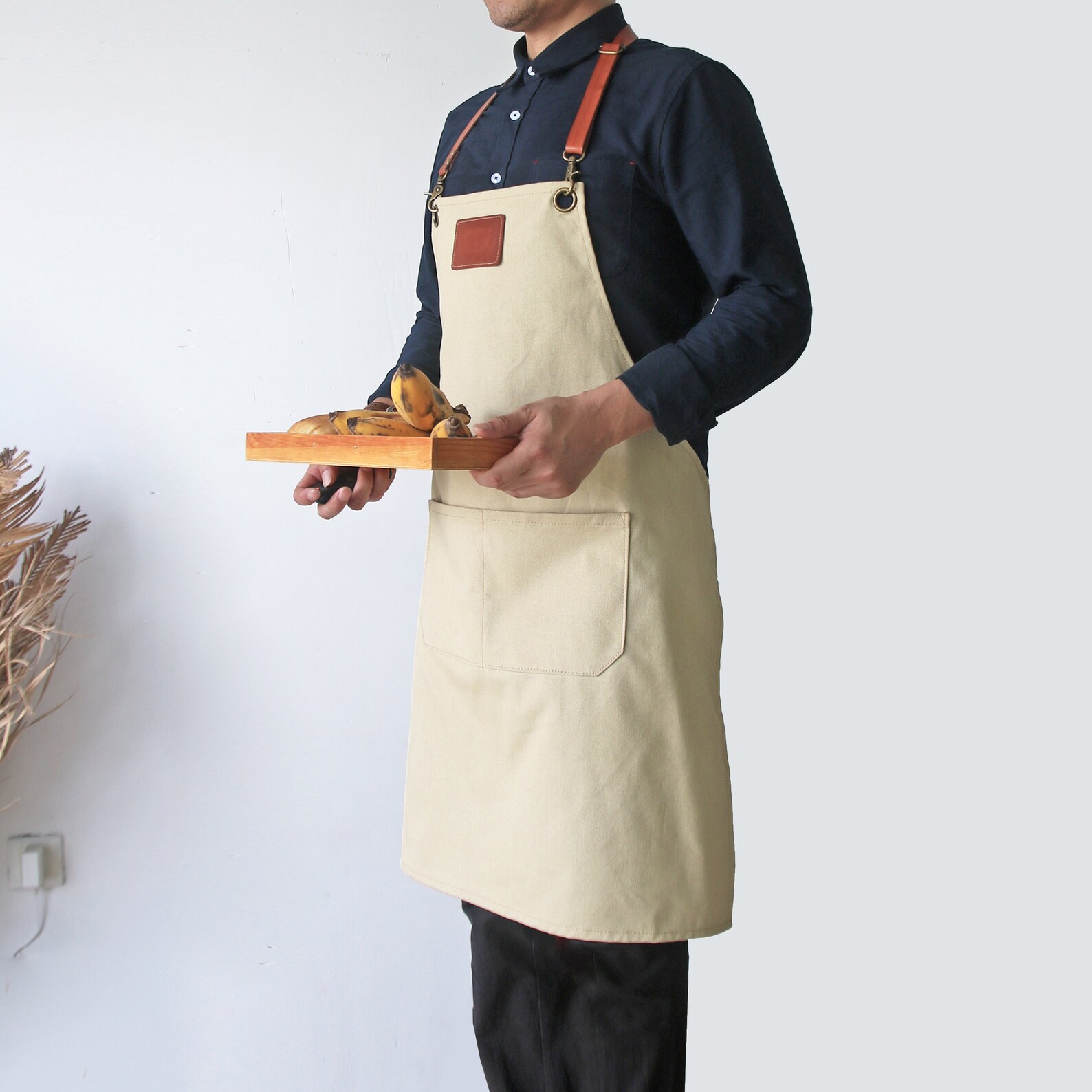 Beige canvas apron with adjustable leather straps for | Etsy