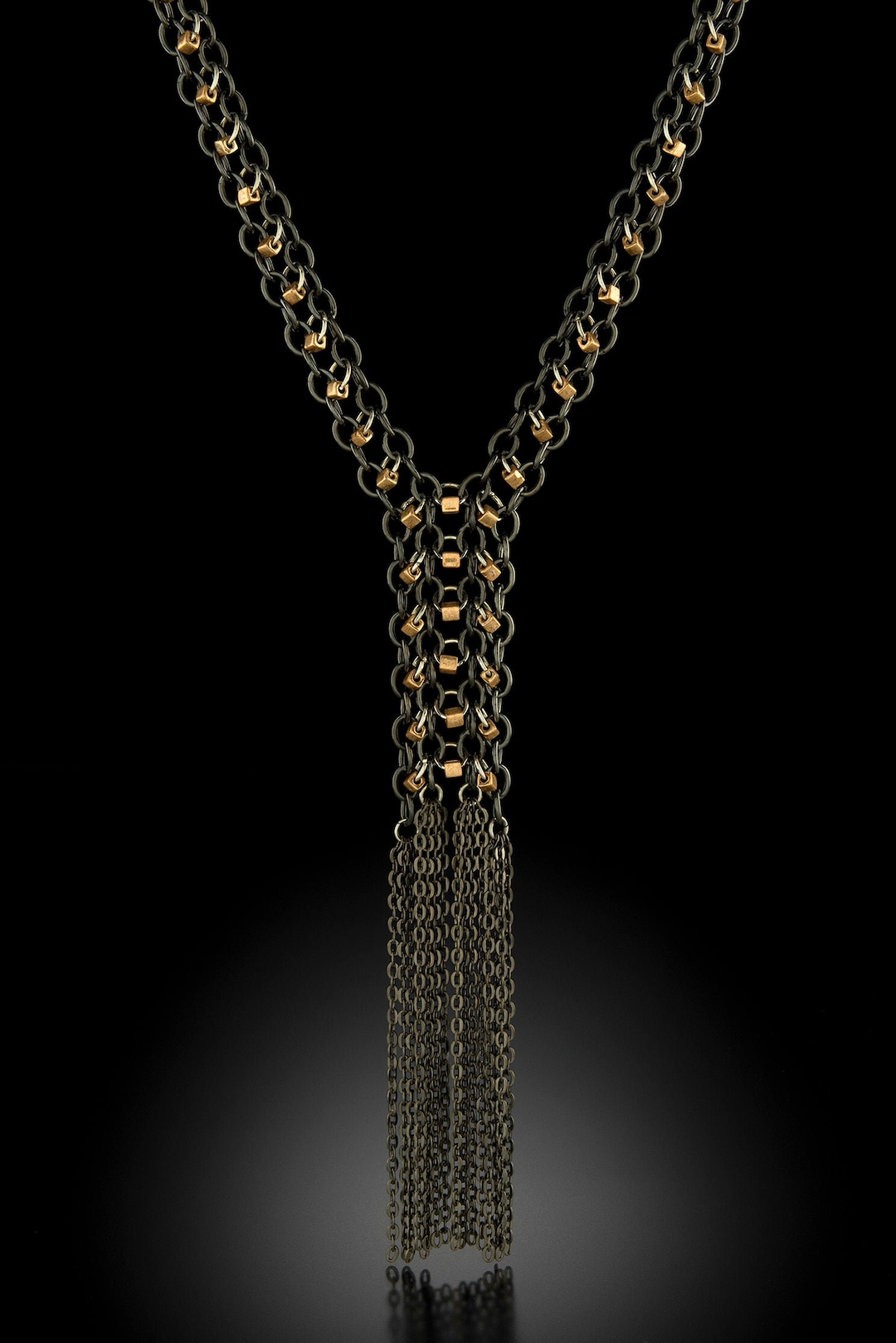 Metallic Gold Beaded Gunmetal Chain Long Chainmail Fringe Necklace ...