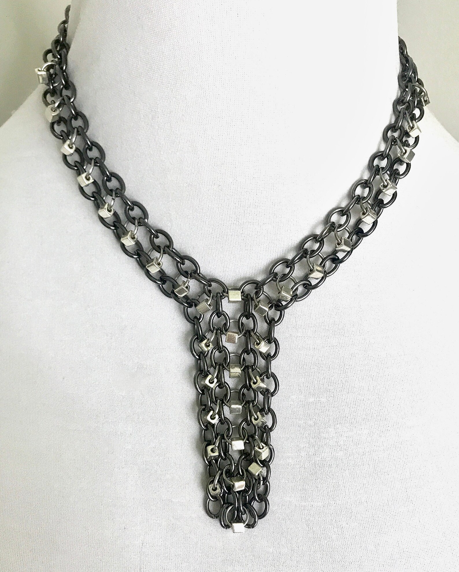 Silver and Gunmetal Beaded Chainmail Necklace, Adjustable Length ...