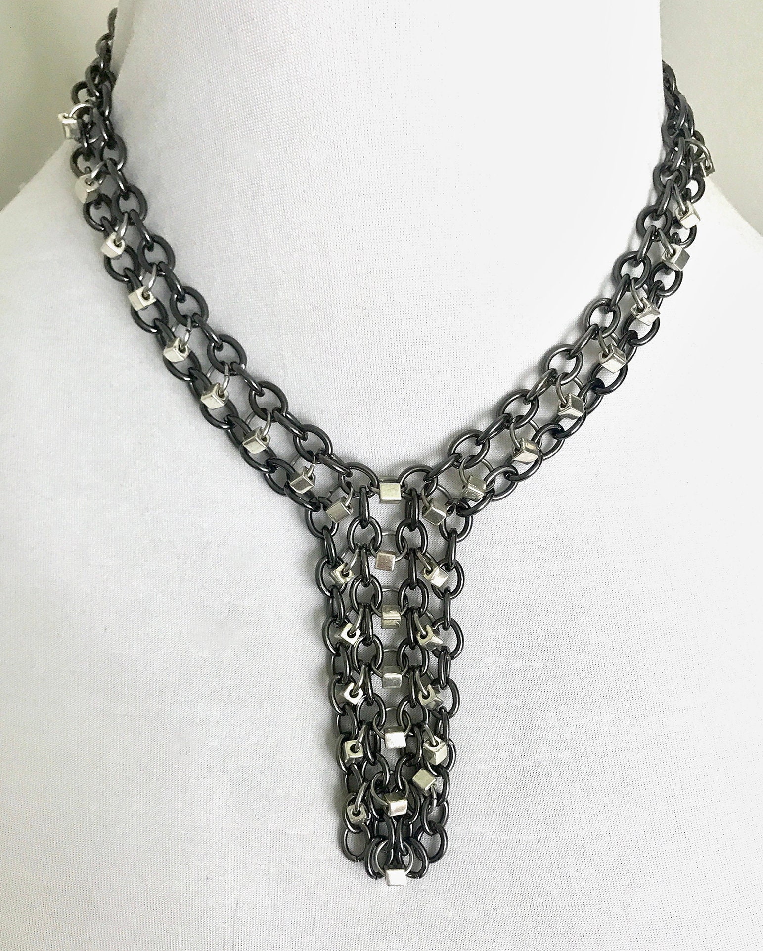 Silver and Gunmetal Beaded Chainmail Necklace, Adjustable Length ...