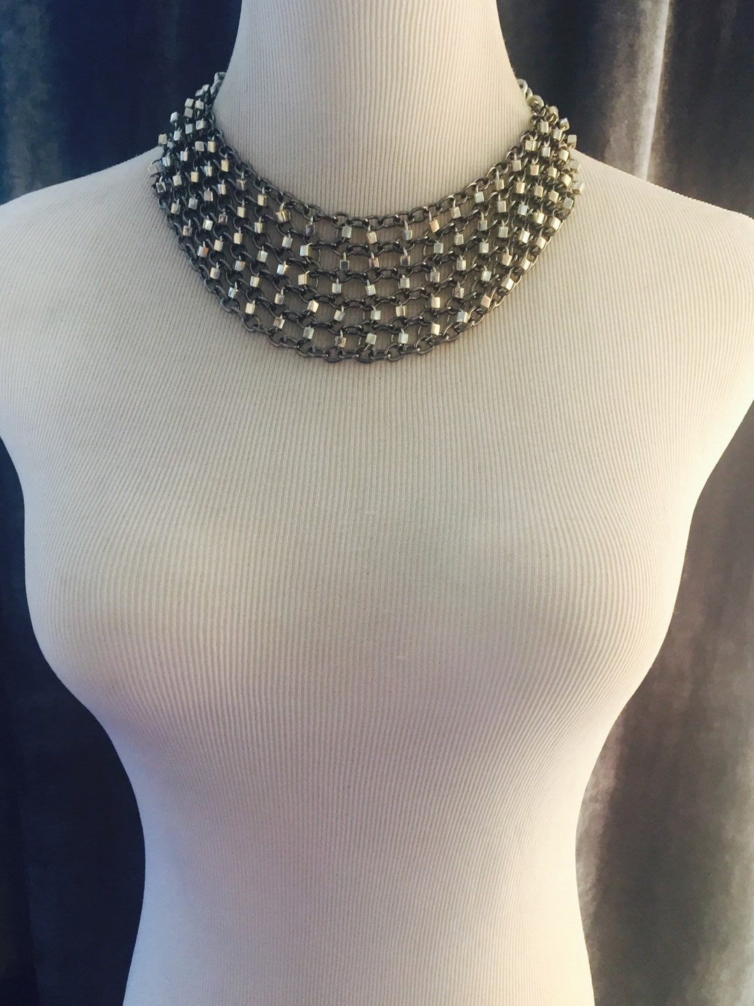 Beaded Silver Chainmaille Statement Necklace, Chain Mail, Lightweight ...