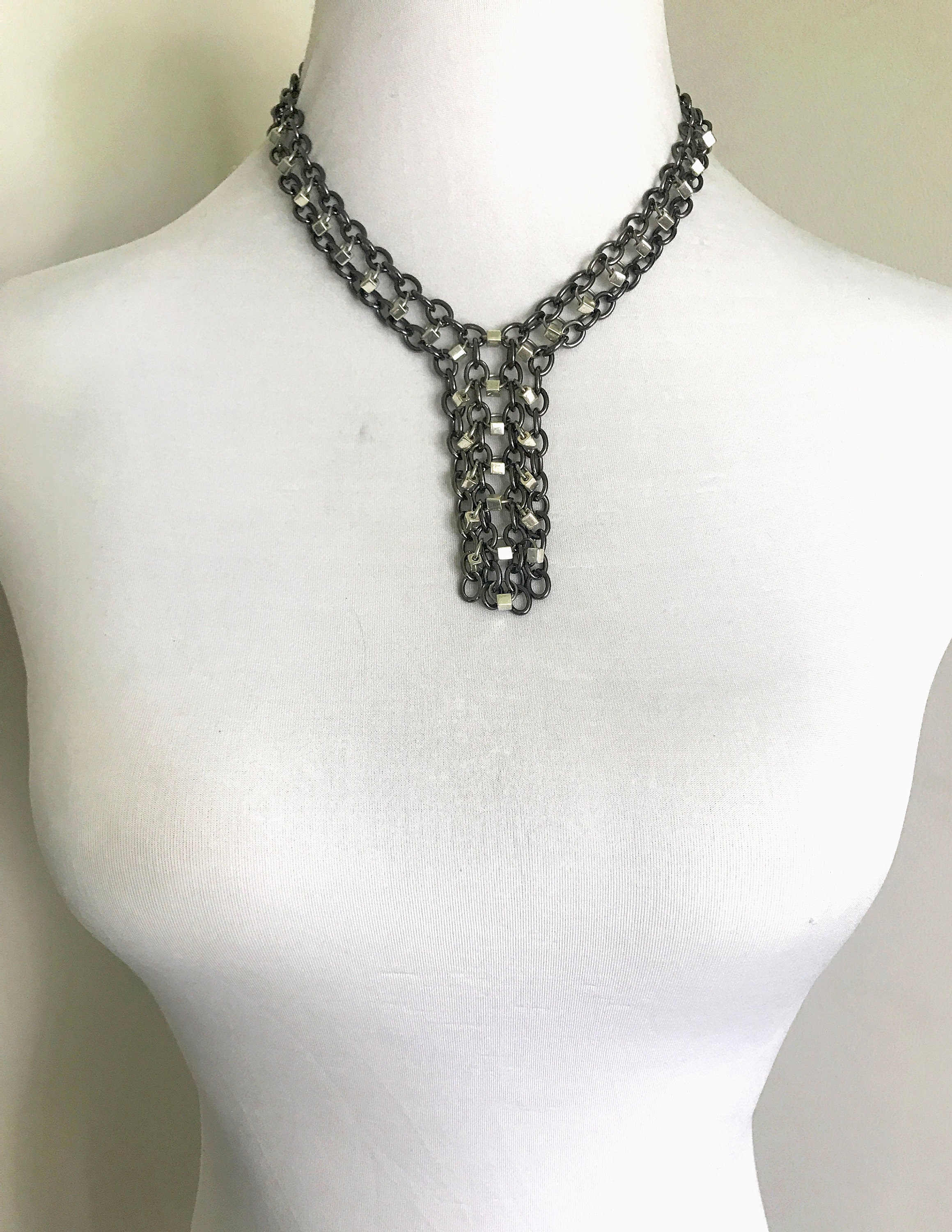 Silver and Gunmetal Beaded Chainmail Necklace, Adjustable Length ...