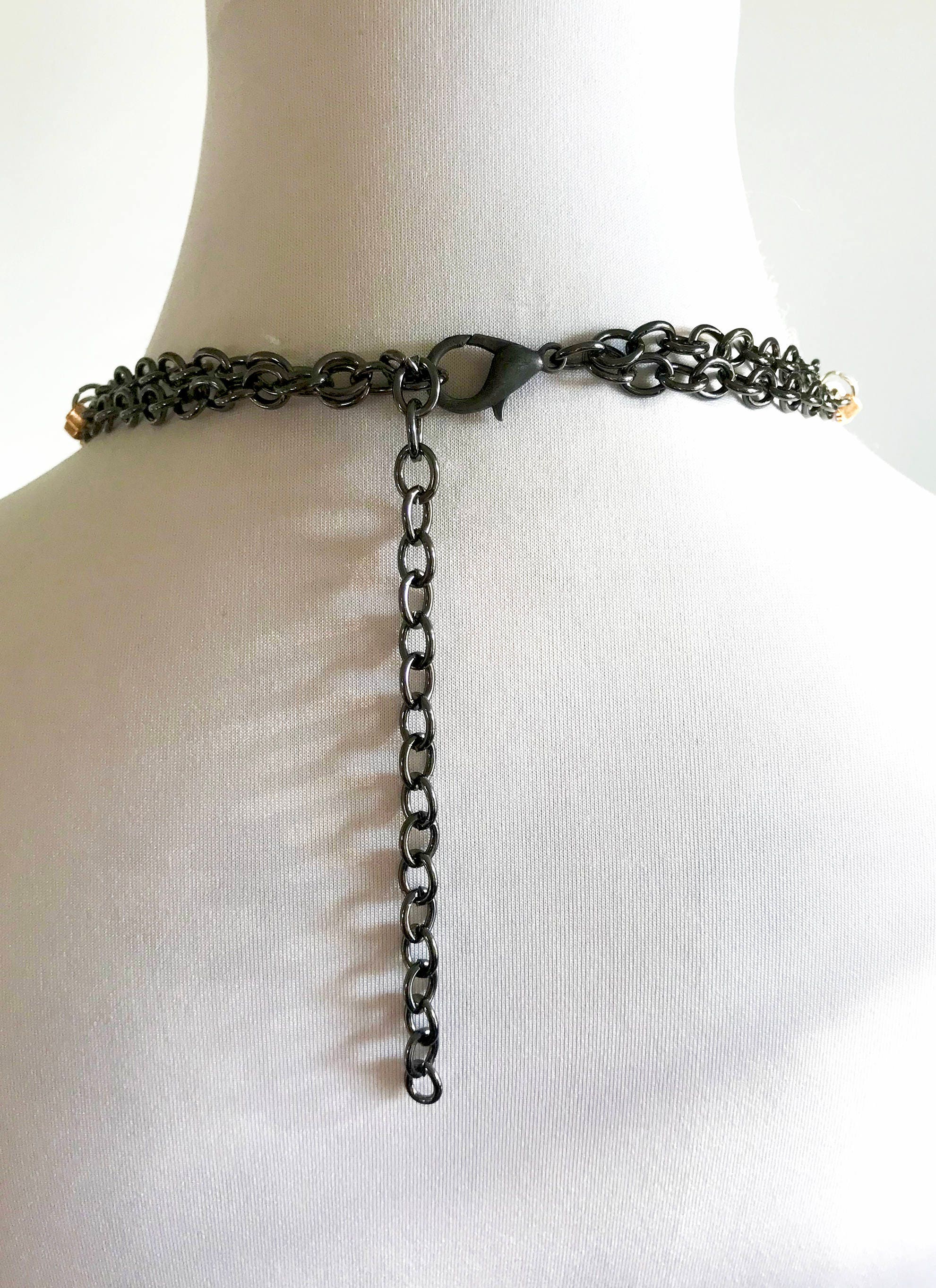 Metallic Gold Beaded Gunmetal Chain Long Chainmail Fringe Necklace ...