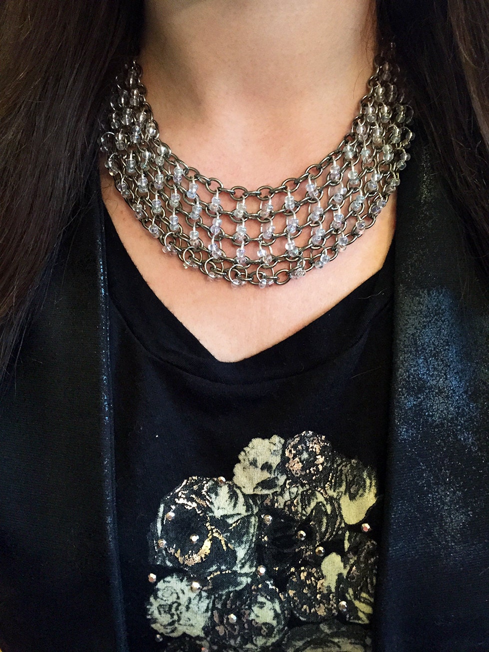 Neutral Collar Necklace With Iridescent Glass Beads on Layered Silver ...