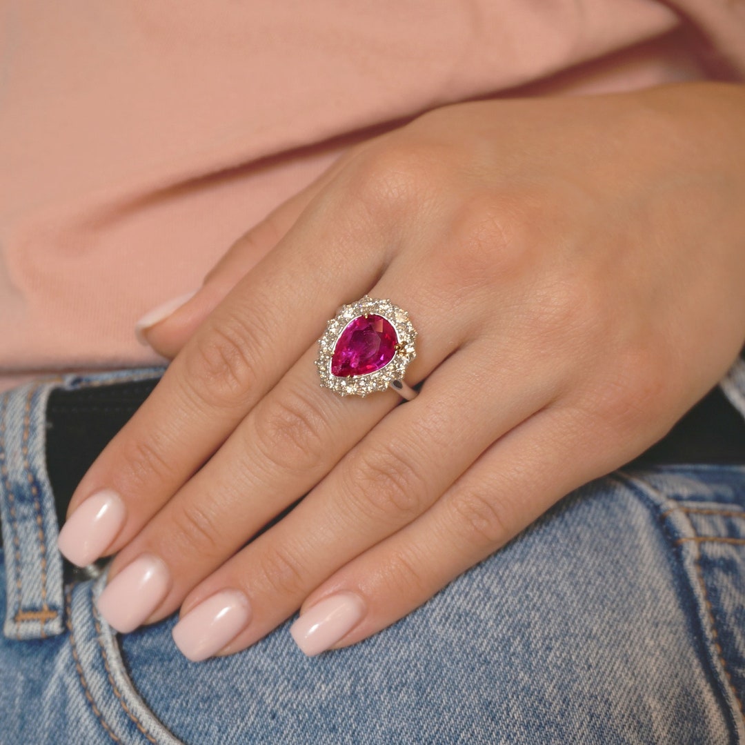Genuine Burmese Ruby & Diamond Ring Pear 18K REAL White Gold Natural 6. ...