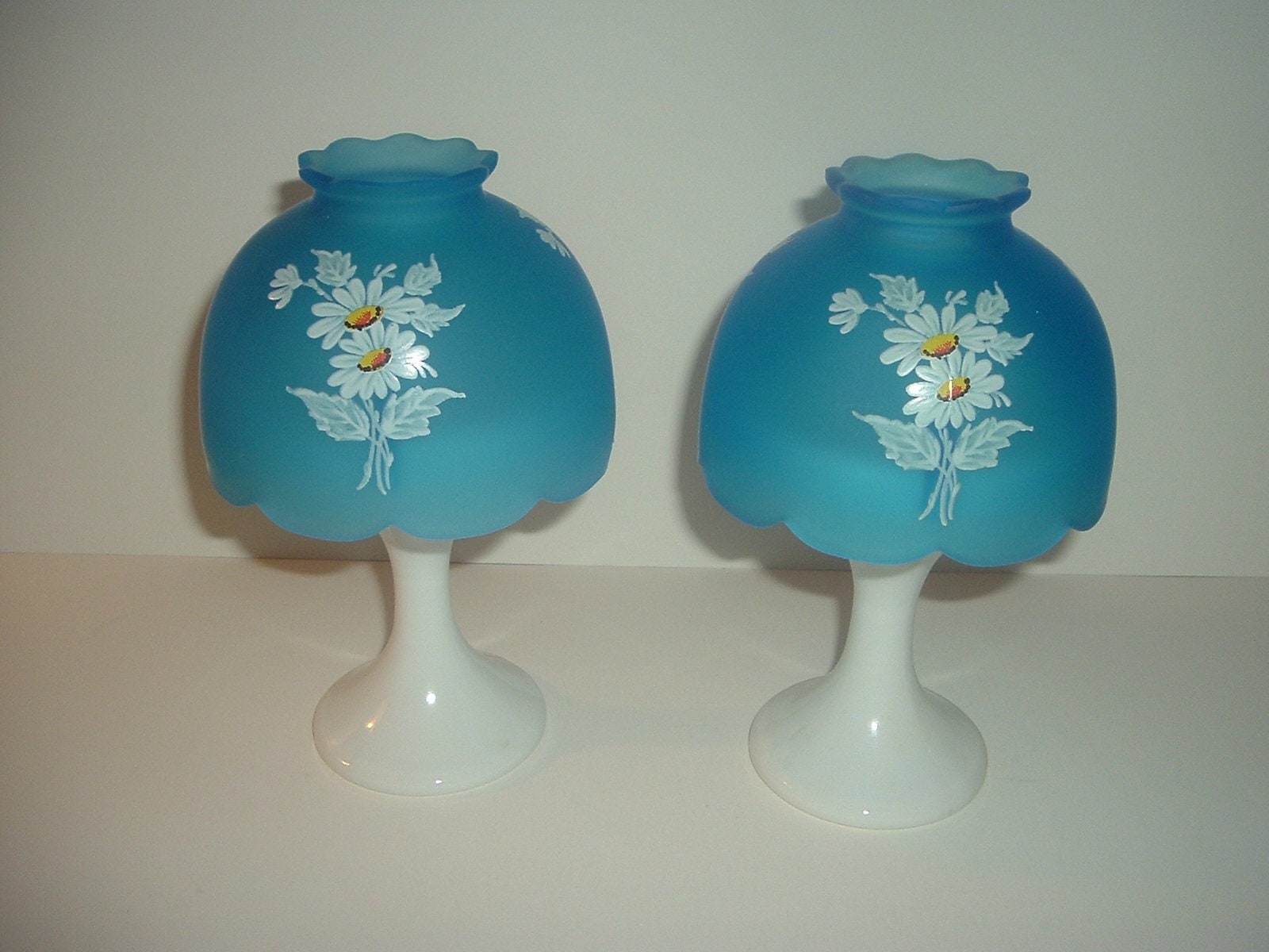 Pair Westmoreland Glass Daisy White with Blue Mist Glass Votive Fairy Lamps