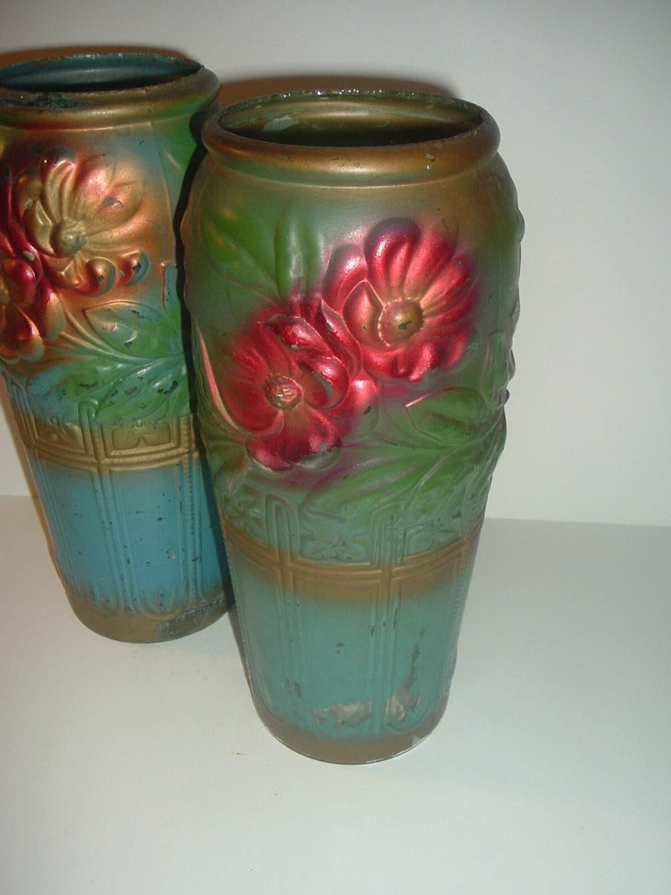 2 Pickle Jar Vases Antique Painted Glass