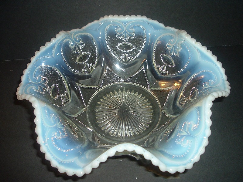 Dugan Glass White Opalescent Jeweled Heart 10 inch Bowl