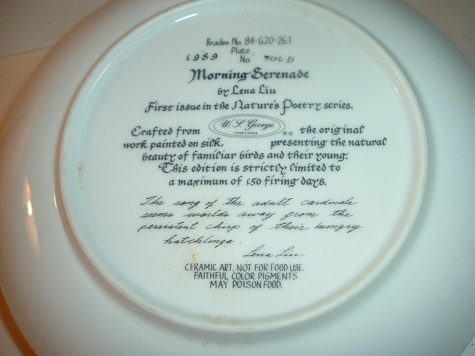 1989 first issue Lena Liu Morning Serenade Cardinal Plate