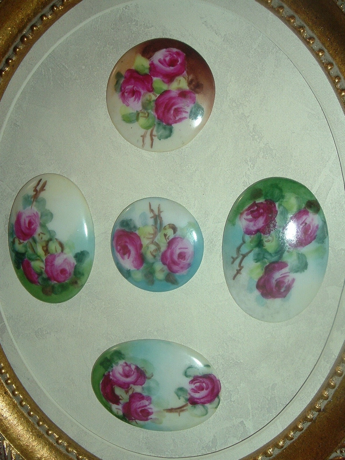 12 Handpainted Porcelain Ovals and Rounds Roses 8 Framed 4 Loose