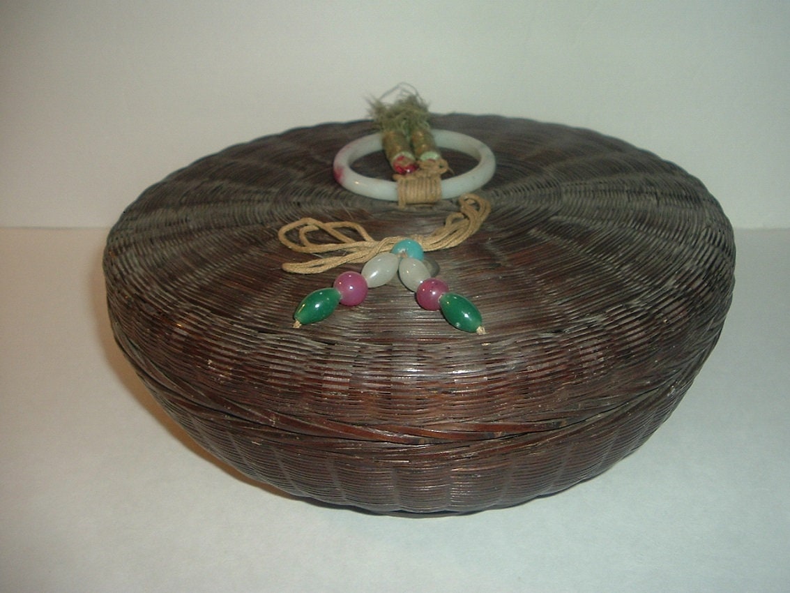 Sewing Basket Old Chinese Wicker with Rings Tassels Beads
