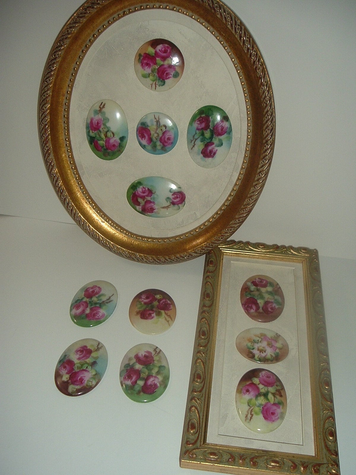 12 Handpainted Porcelain Ovals and Rounds Roses 8 Framed 4 Loose