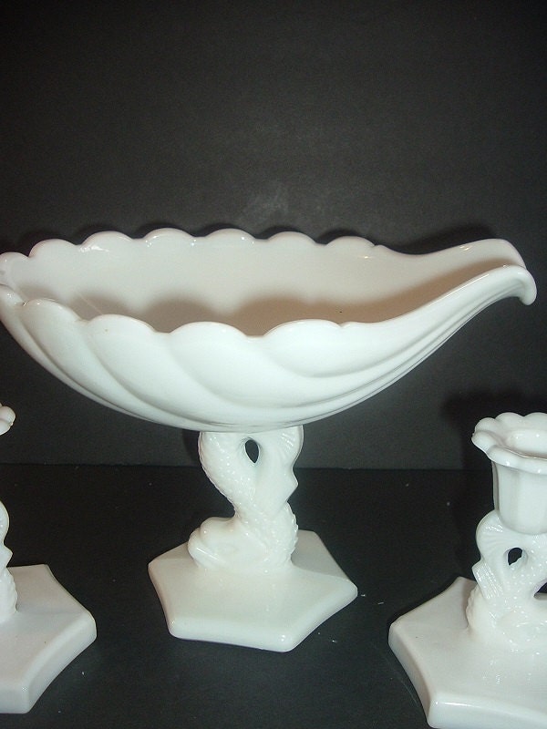 3 Piece Westmoreland Glass Dolphin Bowl and Candleholders