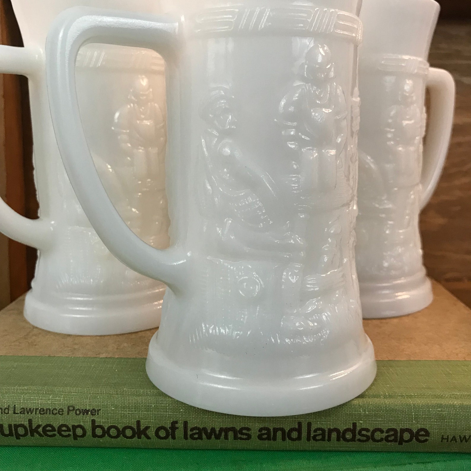 Vintage Stein Feg9 White Milk Glass By Federal Glass Set Of 4 Embossed