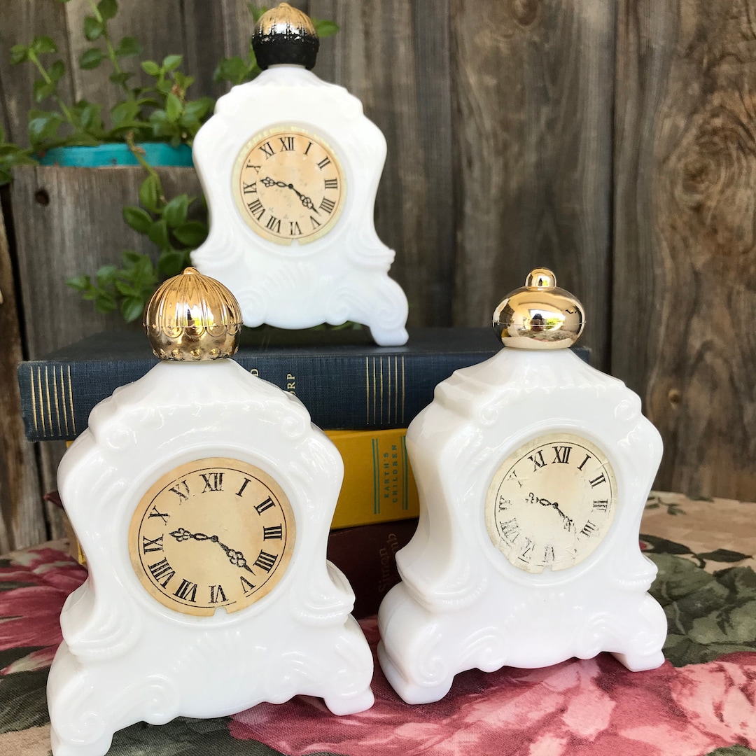 Vintage Milk White Glass AVON Decanters Mantel Clock Home Decor Wedding ...