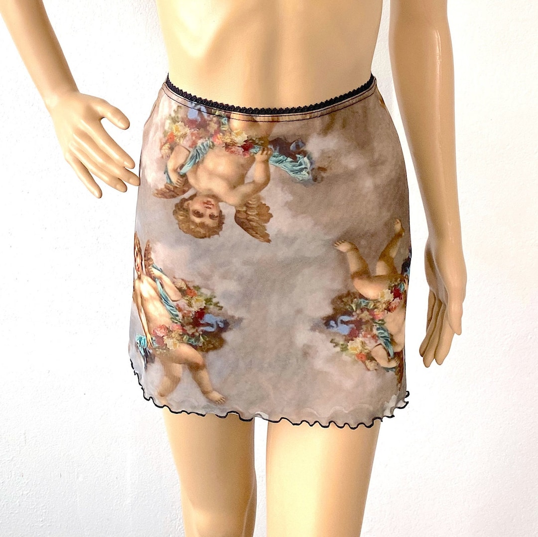Vintage Micro Mini Skirt Petite Skirt Angel Cherub Print Festival Indie ...
