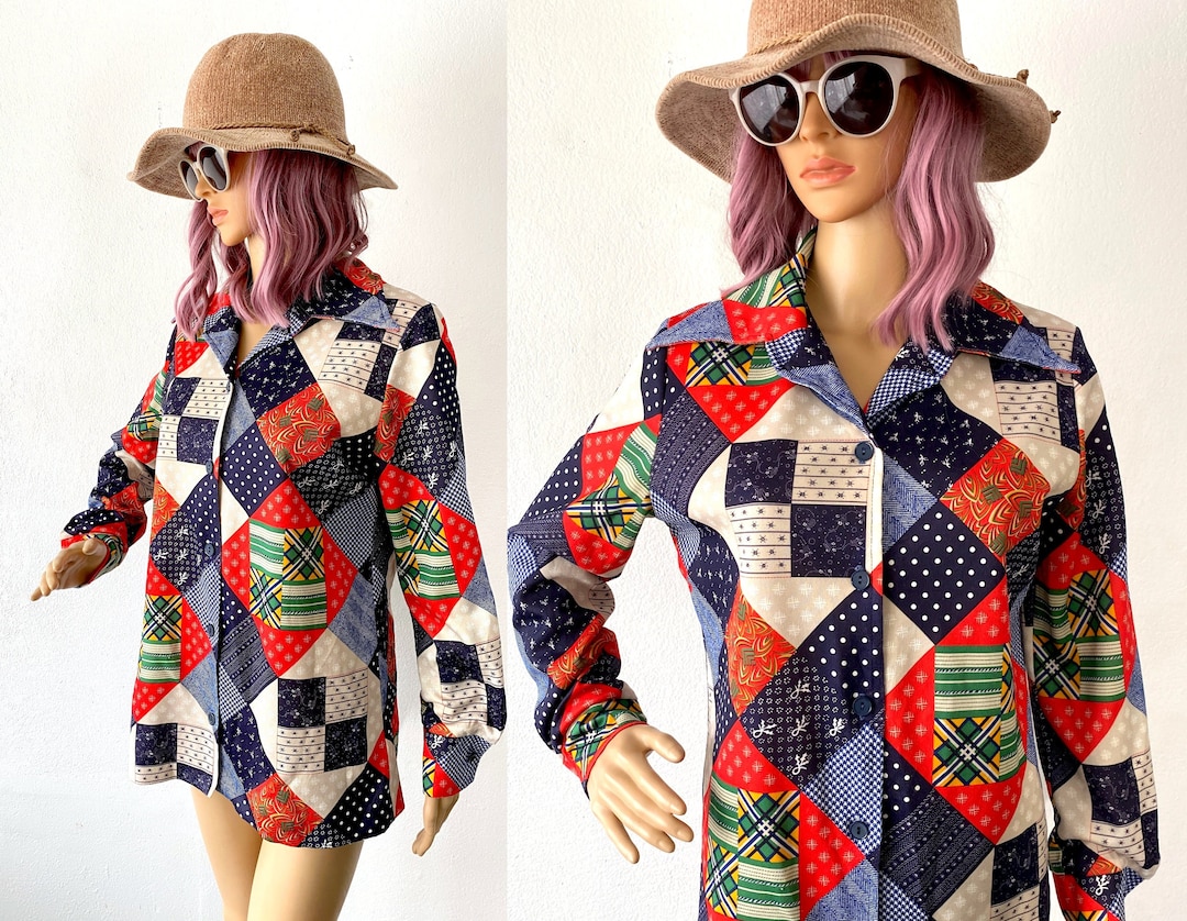 Vintage Mixed Print Shirt 50s Button up Groovy Top Wide Collar Dagger ...