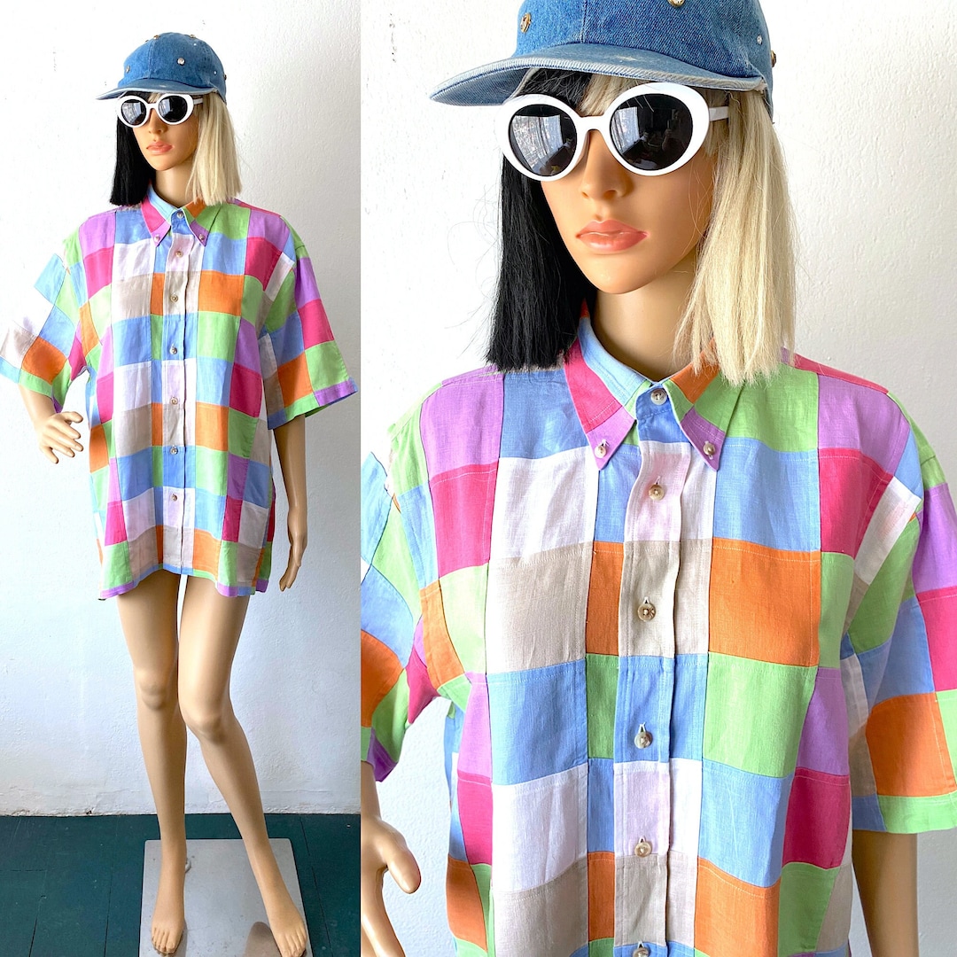 90s Colorblock Dress Shirt Linen Shirt Grid Print Button Down ...
