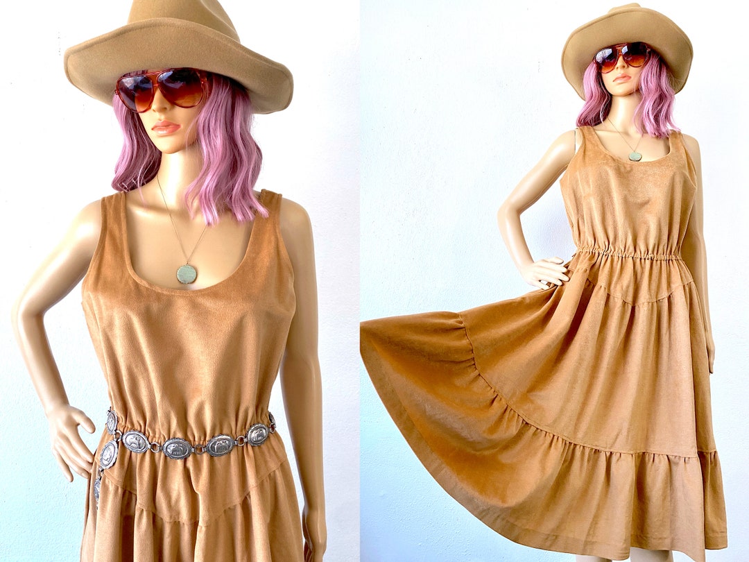 Vintage 70s Summer Dress Faux Suede Dress Bohemian Dress Boho Chic Midi ...