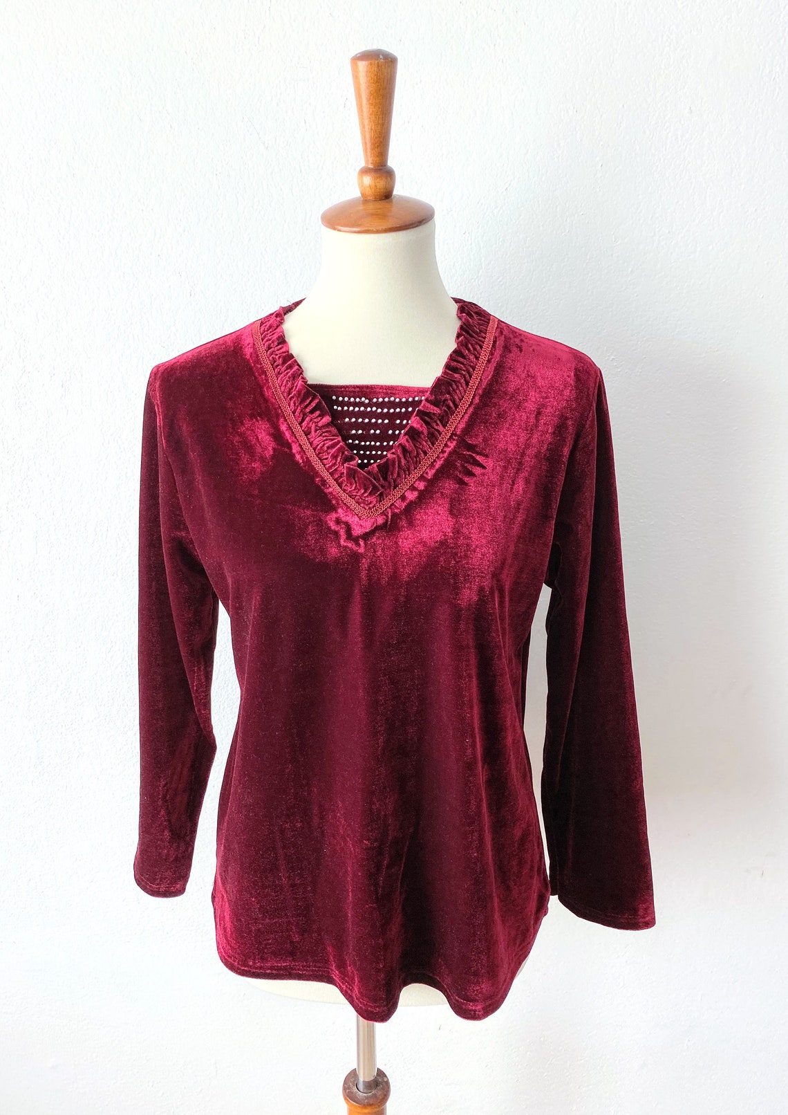 Vintage Red Velvet Top Goth Blouse Ruffled Collar Top | Etsy