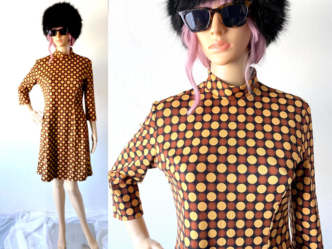 Vintage Mod Mini Dress Retro Polkadot Dress Mockneck Dress Groovy ...