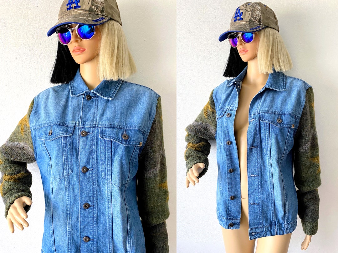 Y2k Jean Jacket Camouflage Sleeves | INSIGHT Denim Jacket | Casual ...