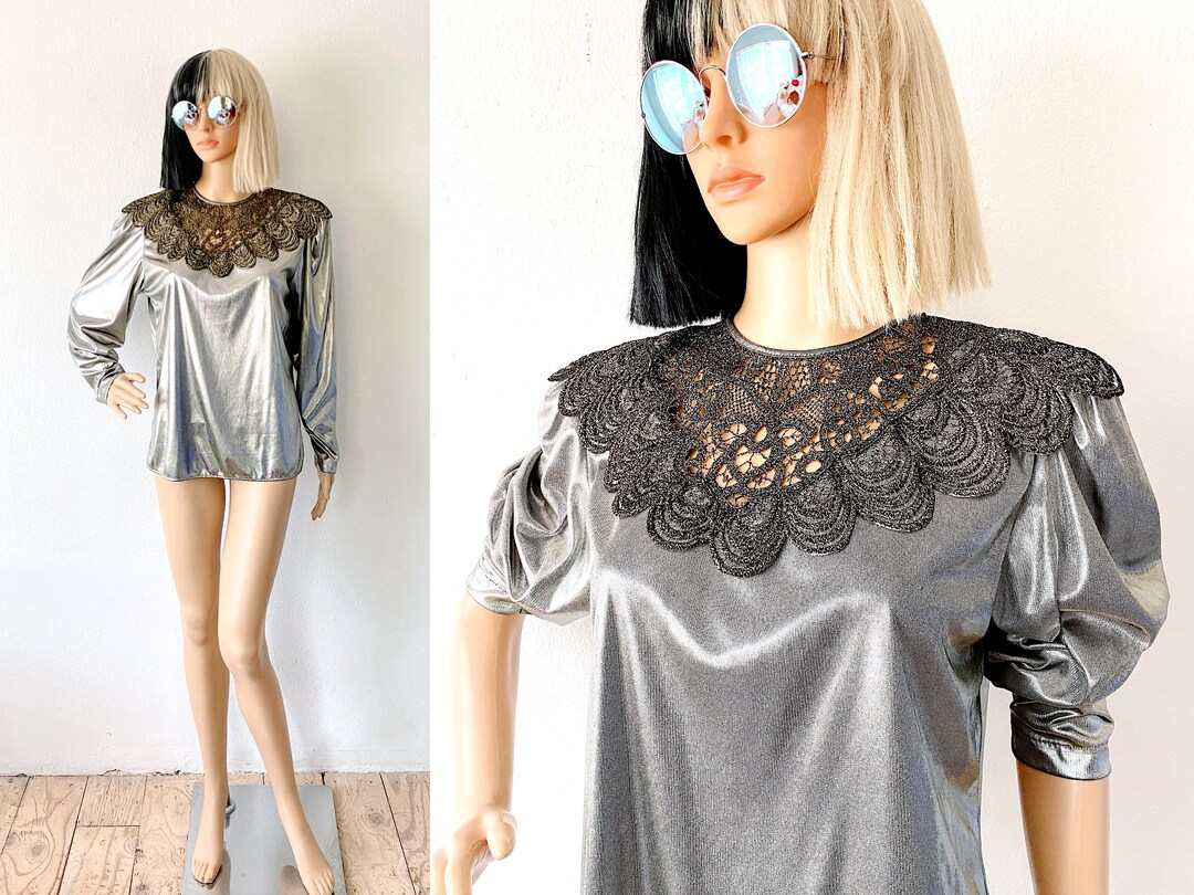 Metallic Silver Blouse With Black Lace Collar | Shimmering Party Top - Etsy