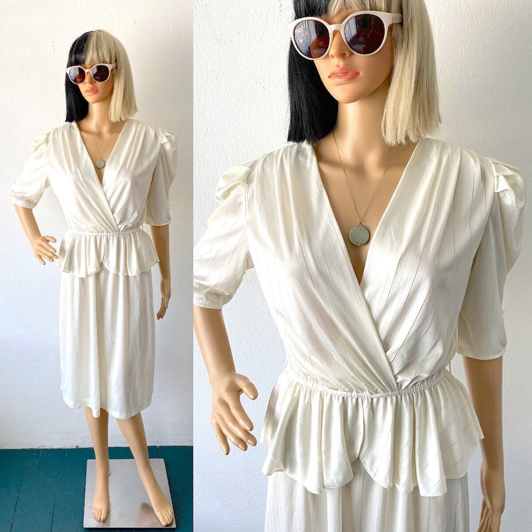 Vintage 70s Cocktail Dress Peplum Dress Ivory Cream Disco Dress Glam Dress Lightweight Evening ...