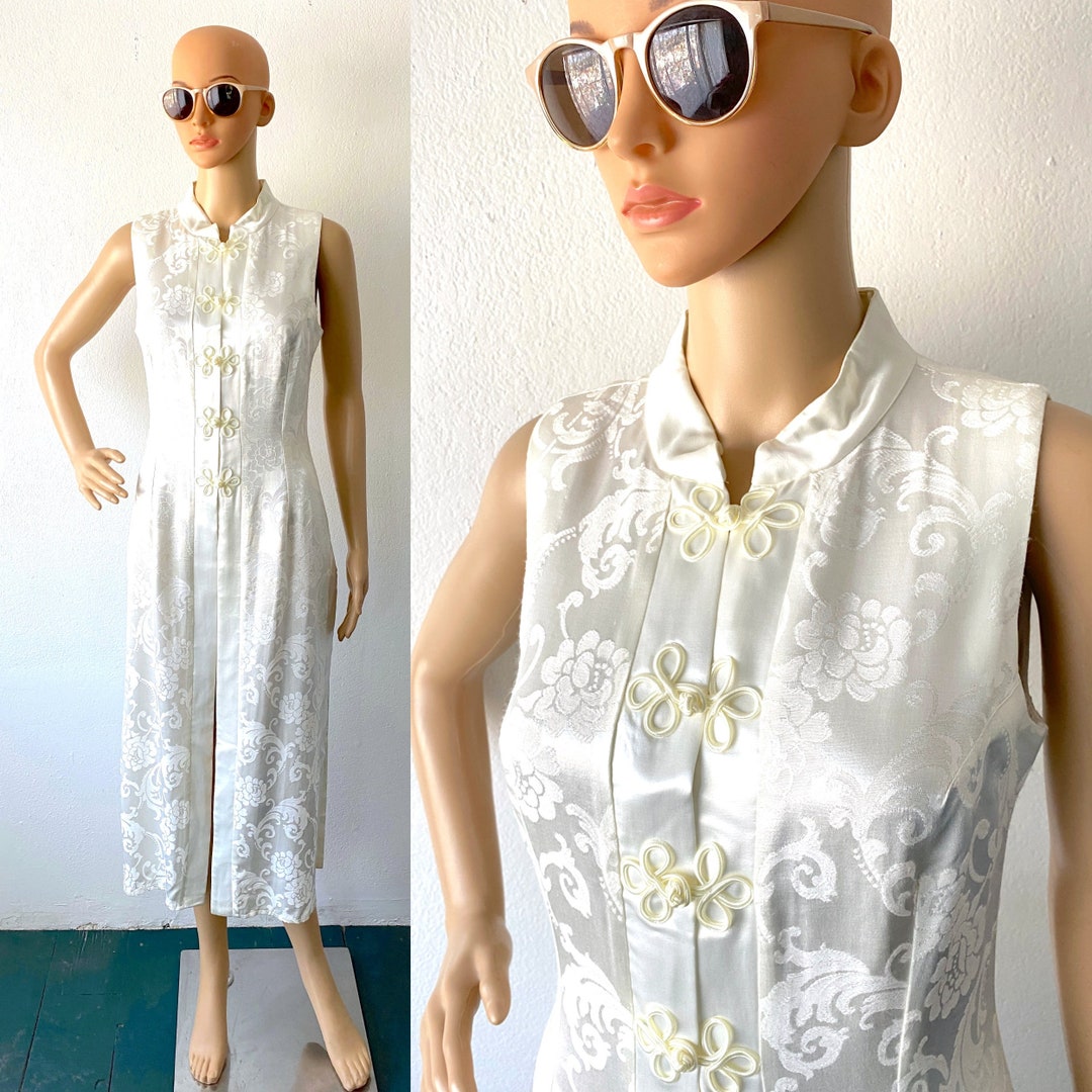Vintage Brocade Dress Ivory Dress Cream Dress Asian Duster Vest Sexy ...