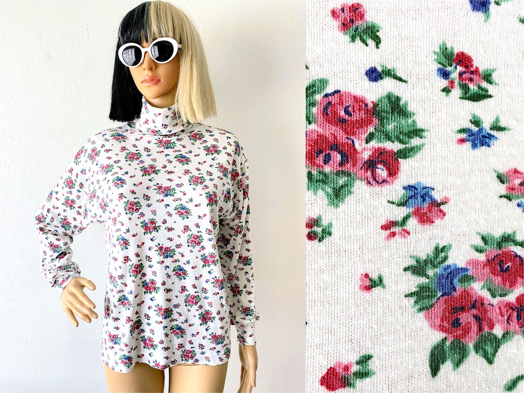 Vintage White Floral Top Cottagecore Top Ditsy Print Top Stretch Knit ...