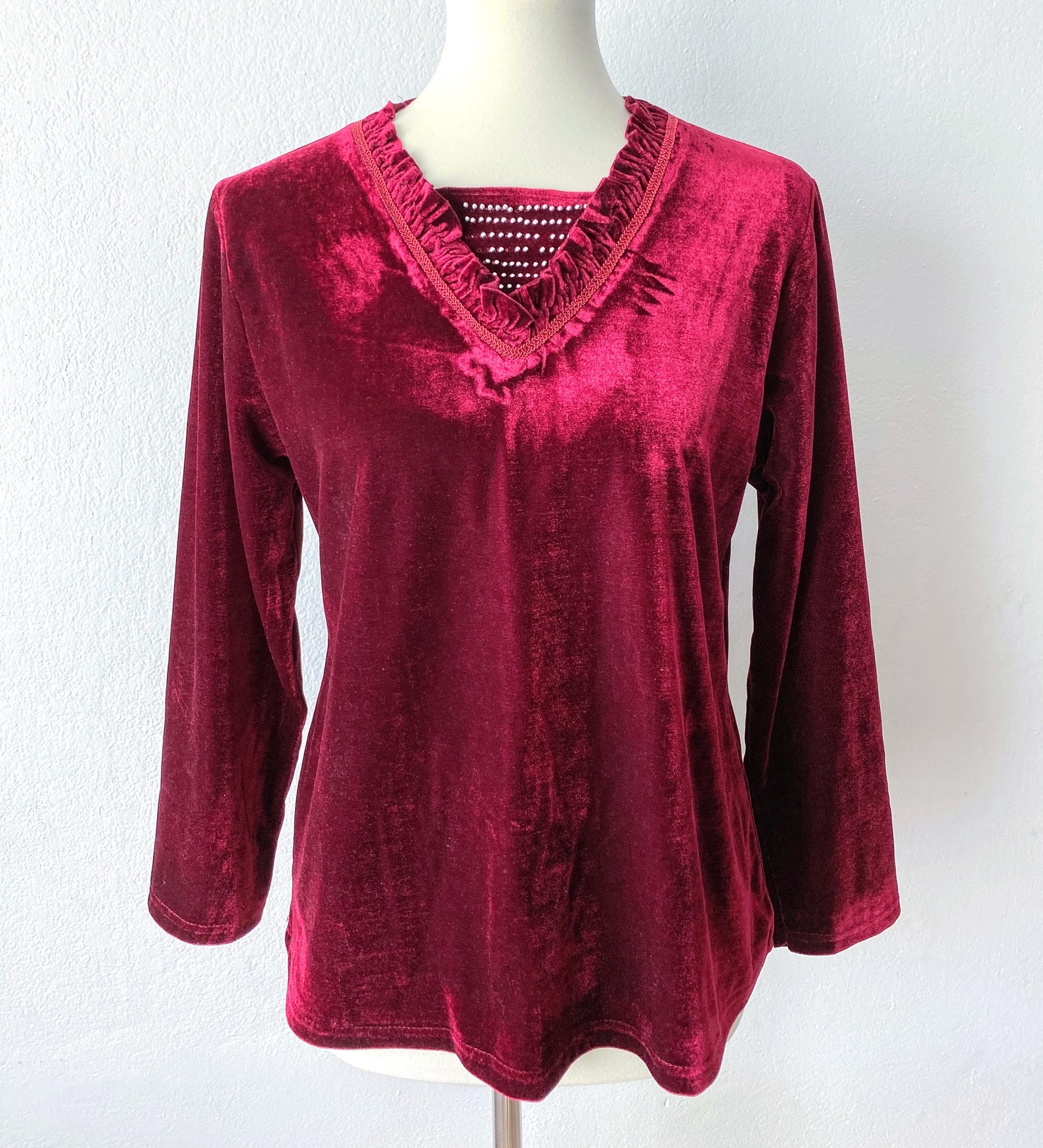 Vintage Red Velvet Top Goth Blouse Ruffled Collar Top - Etsy
